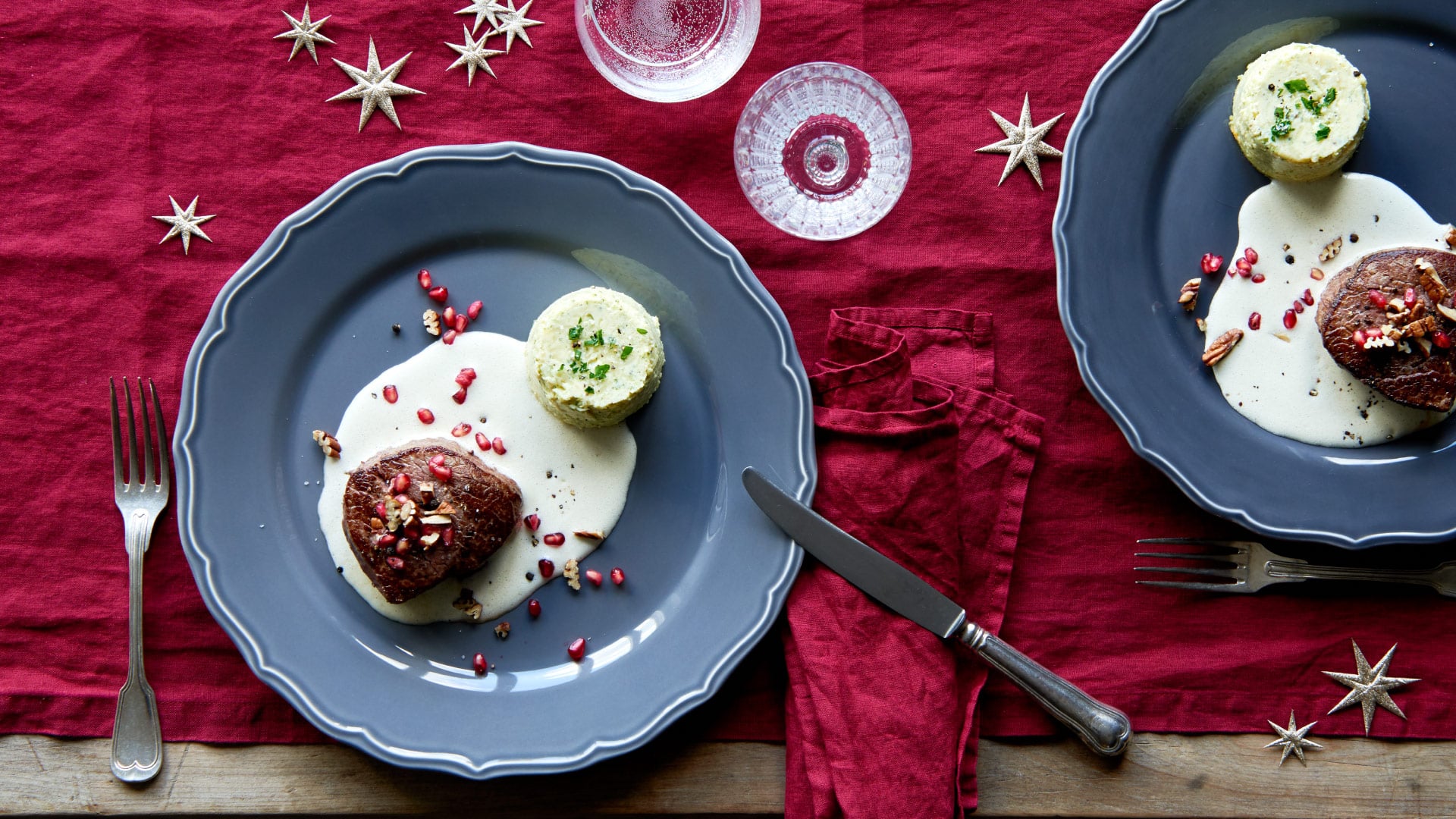 Beef Medallions with Champagne Sauce, Emmentaler Flan and Pomegranate ...